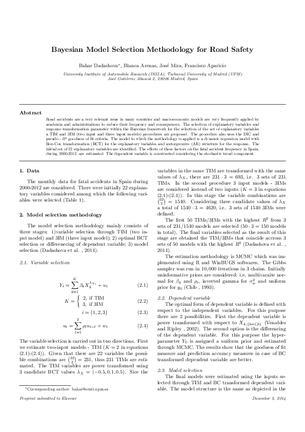 (PDF) Bayesian model selection methodology for road safety