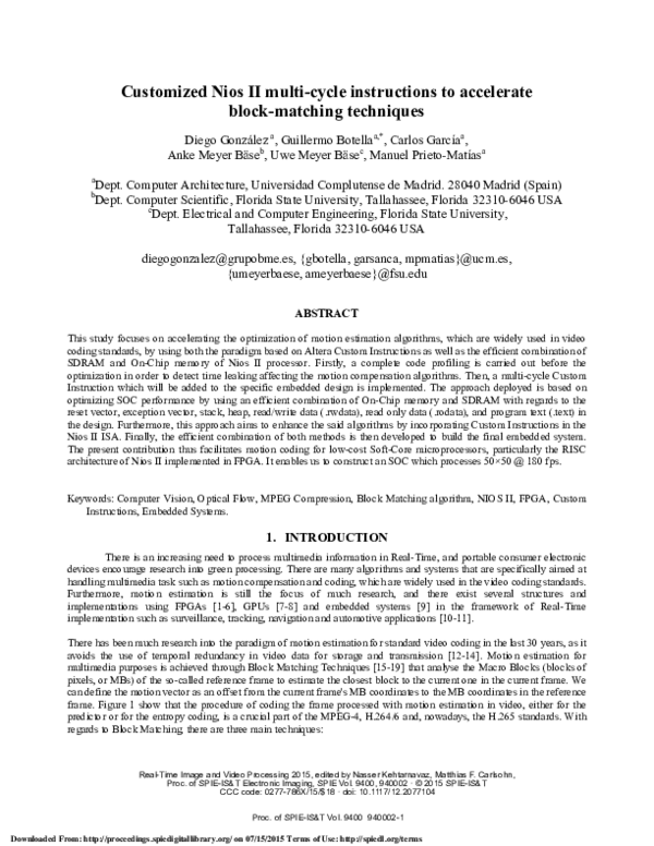 (PDF) Customized Nios II multi-cycle instructions to accelerate block-matching techniques