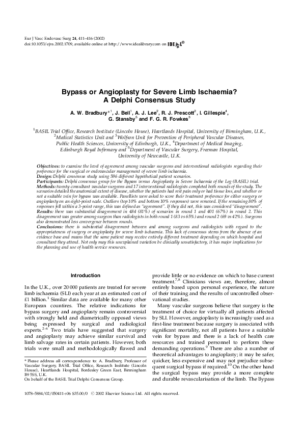 (PDF) Bypass or Angioplasty for Severe Limb Ischaemia? A Delphi Consensus Study