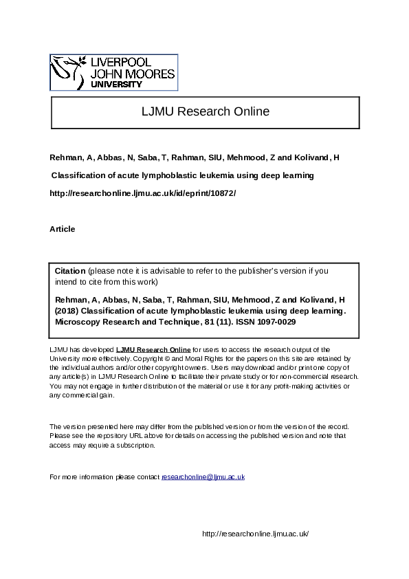 (PDF) Classification of acute lymphoblastic leukemia using deep learning | M. ANLINE REJULA ...