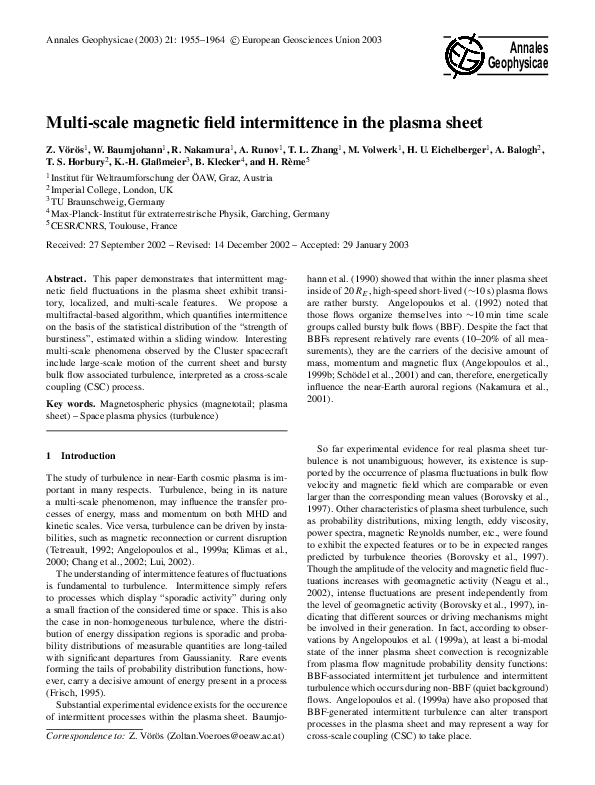 (PDF) Multi-scale magnetic field intermittence in the plasma sheet