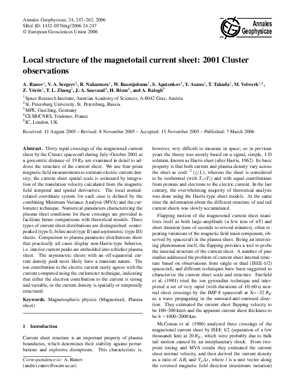 (PDF) Local structure of the magnetotail current sheet: 2001 Cluster ...