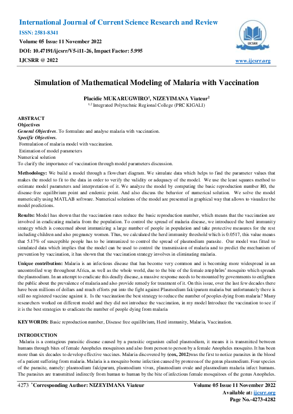 (PDF) Simulation of Mathematical Modeling of Malaria with Vaccination