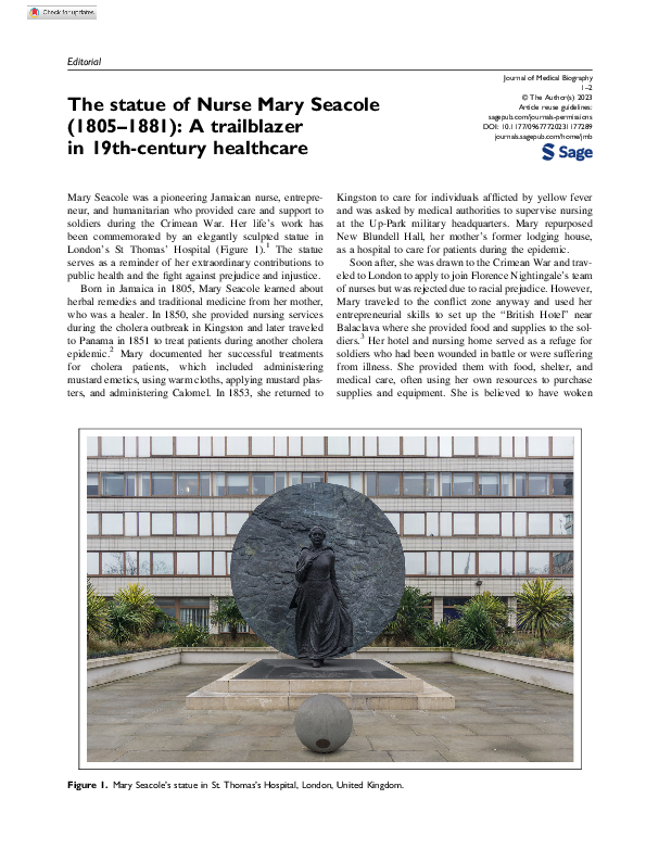 (PDF) The statue of Nurse Mary Seacole (1805–1881): A trailblazer in ...