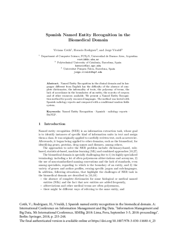 (PDF) Spanish Named Entity Recognition in the Biomedical Domain