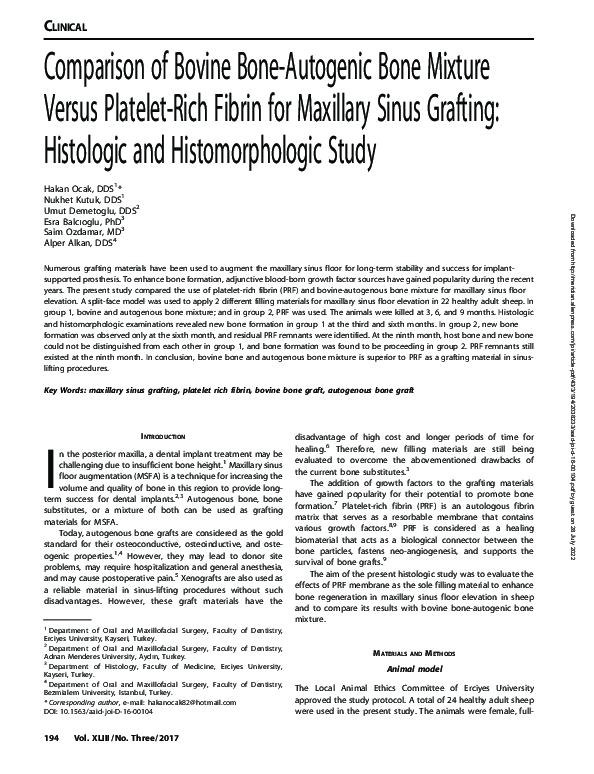 (PDF) Comparison of Bovine Bone-Autogenic Bone Mixture Versus Platelet ...