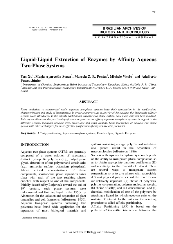 (PDF) Liquid-liquid extraction of enzymes by affinity aqueous two-phase ...