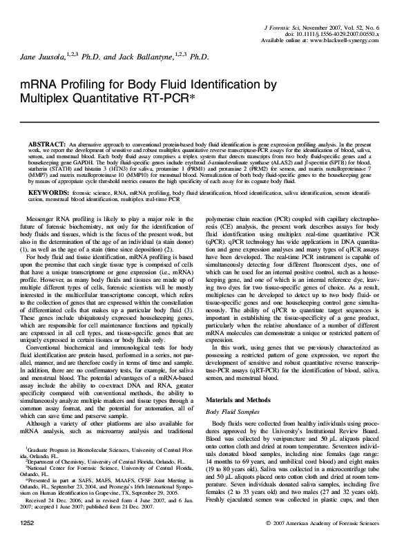 (PDF) mRNA Profiling for Body Fluid Identification by Multiplex Quantitative RT-PCR