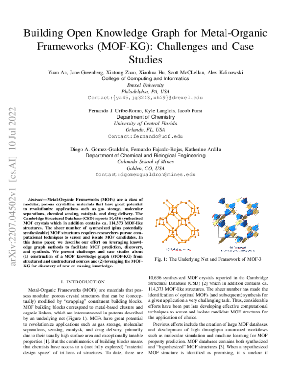 (PDF) Building Open Knowledge Graph for Metal-Organic Frameworks (MOF-KG): Challenges and Case ...