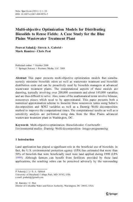 Pdf Multi Objective Optimization Models For Distributing Biosolids To Reuse Fields A Case