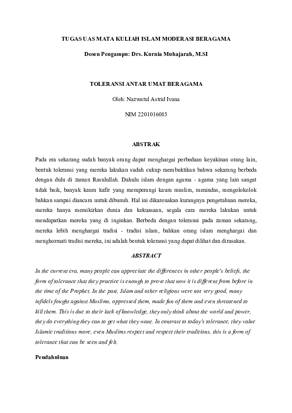 (DOC) TOLERANSI BERAGAMA DAN IMPLEMENTASI DALAM MASYARAKAT ISLAM