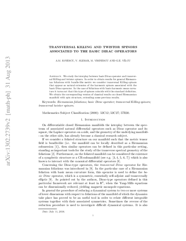 (PDF) Transversal Killing and Twistor Spinors Associated to the Basic ...