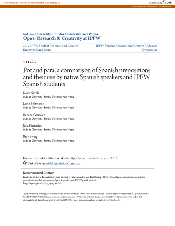 (PDF) Por and para, a comparison of Spanish prepositions and their use ...