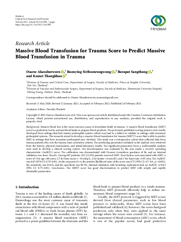 (PDF) Massive Blood Transfusion for Trauma Score to Predict Massive ...