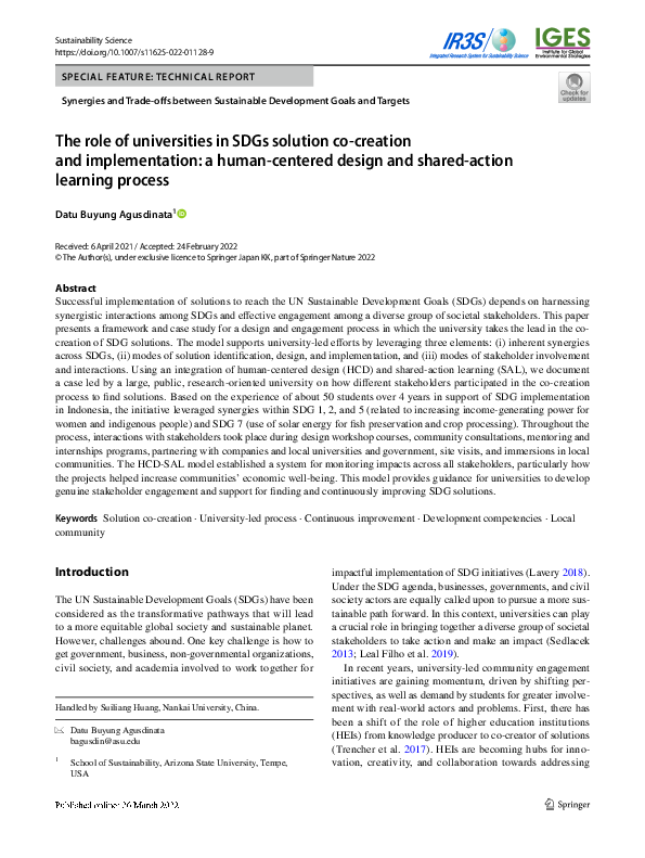 (PDF) The role of universities in SDGs solution co-creation and implementation: a human-centered ...
