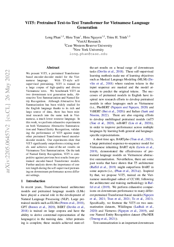 (PDF) ViT5: Pretrained Text-to-Text Transformer for Vietnamese Language ... (PDF) ViT5: Pretrained Text-to-Text Transformer for Vietnamese Language ...