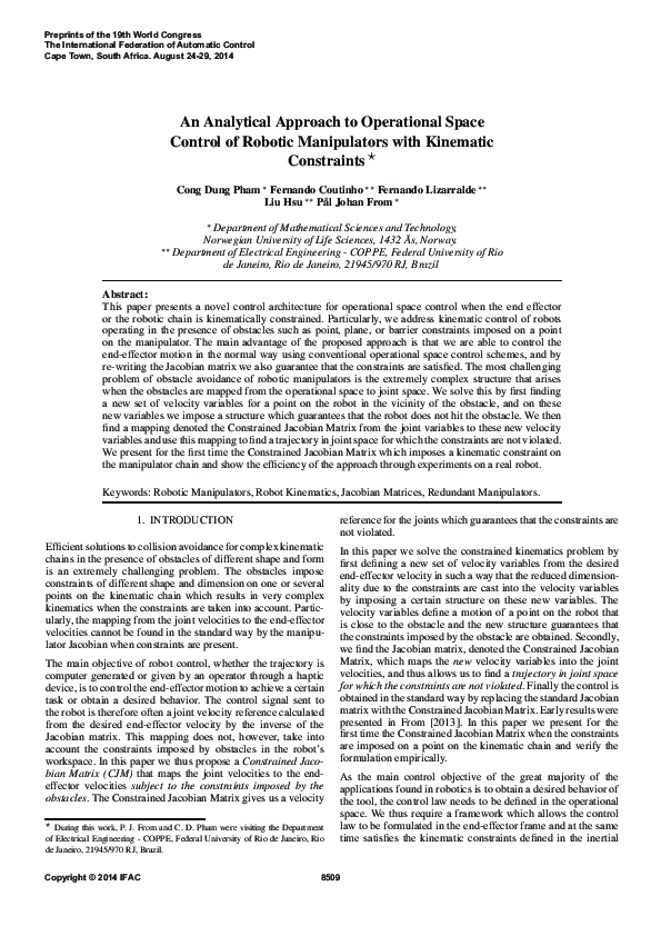 Pdf An Analytical Approach To Operational Space Control Of Robotic Manipulators With Kinematic