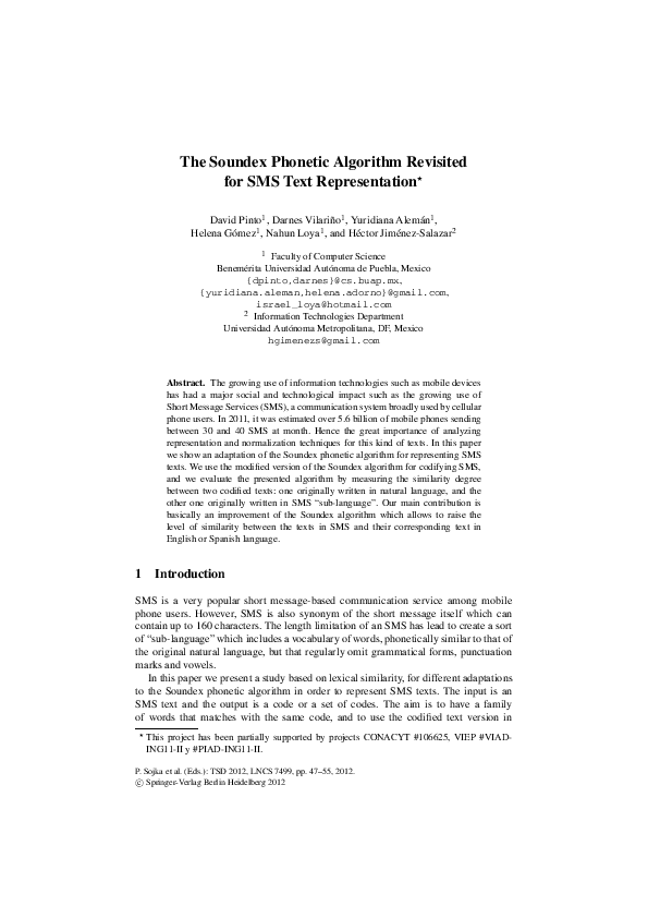 (PDF) The Soundex Phonetic Algorithm Revisited for SMS Text Representation