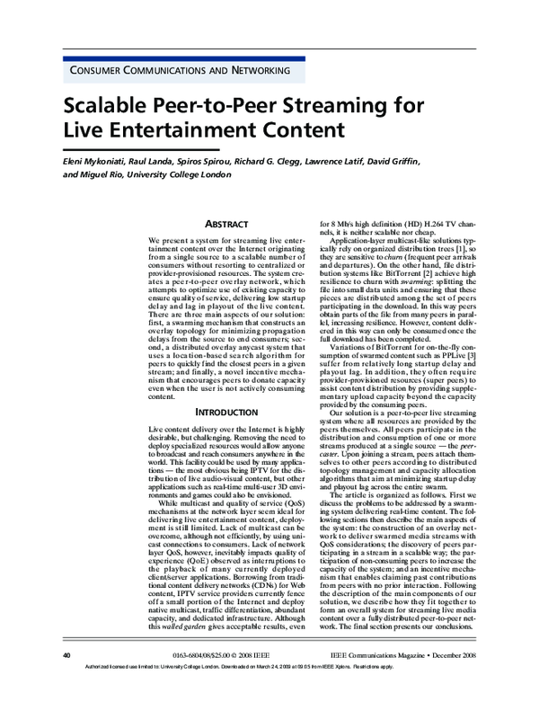 (PDF) Scalable peer-to-peer streaming for live entertainment content