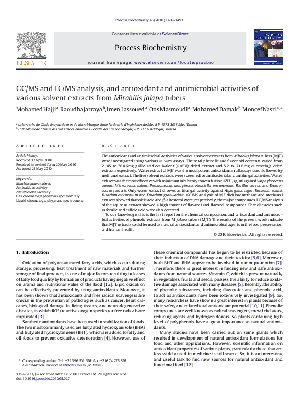 (PDF) GC/MS and LC/MS analysis, and antioxidant and antimicrobial activities of various solvent ...