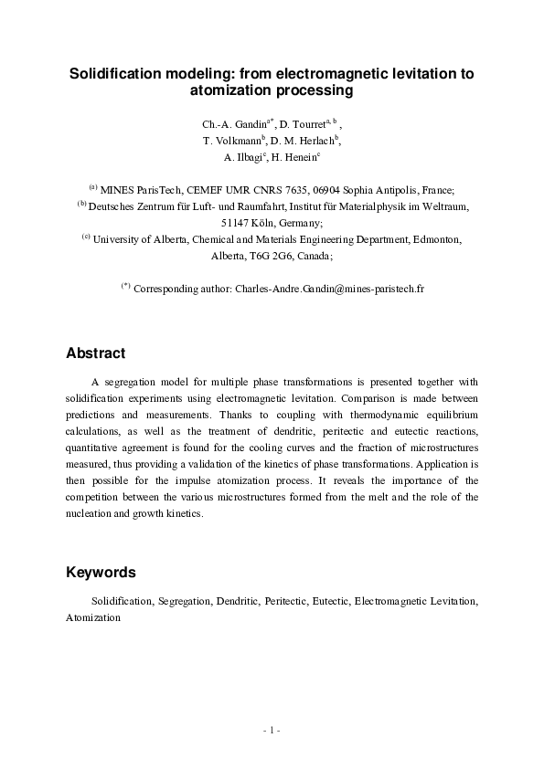 Pdf Solidification Modeling From Electromagnetic Levitation To