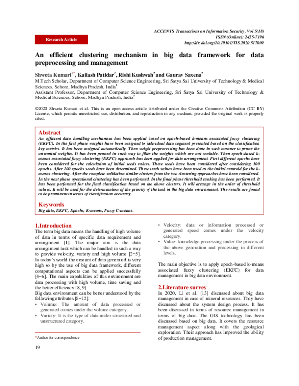 (PDF) An efficient clustering mechanism in big data framework for data preprocessing and management