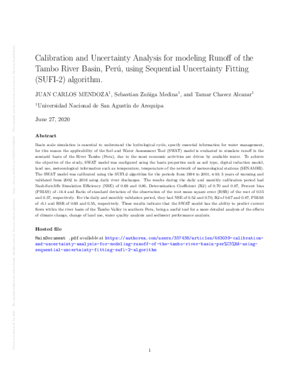 (PDF) Calibration and Uncertainty Analysis for modeling Runoff of the Tambo River Basin, Perú ...