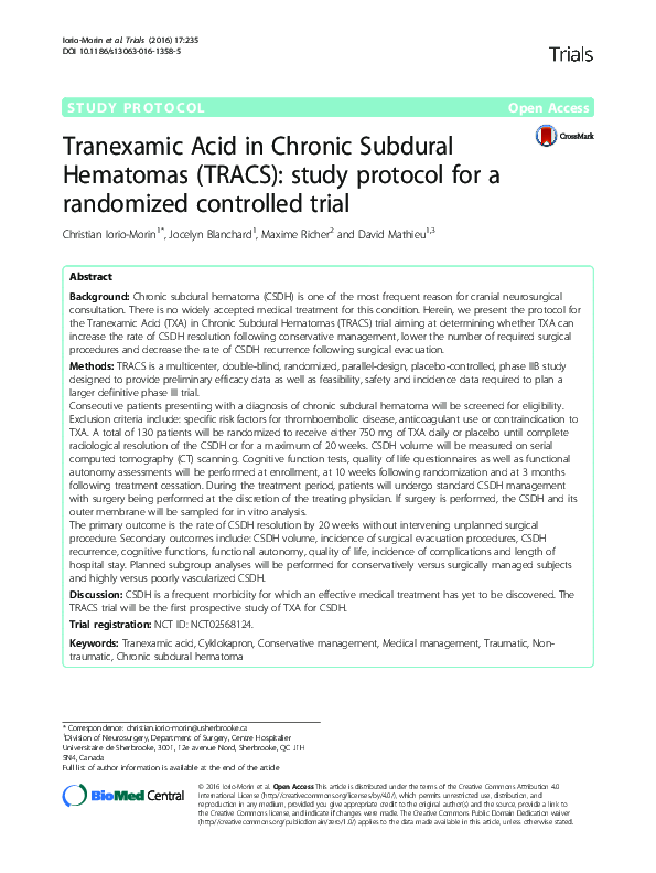 (PDF) Tranexamic Acid in Chronic Subdural Hematomas (TRACS): study ...