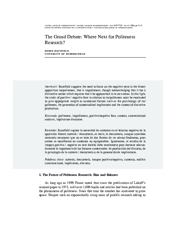 (PDF) The Grand Debate: Where Next for Politeness Research?