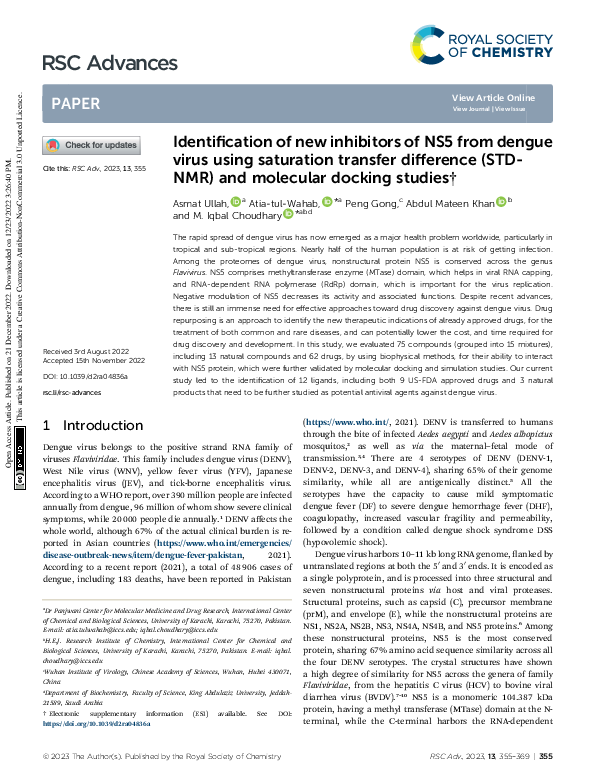 (PDF) New NS5 Inhibitors for Dengue: NMR & Docking