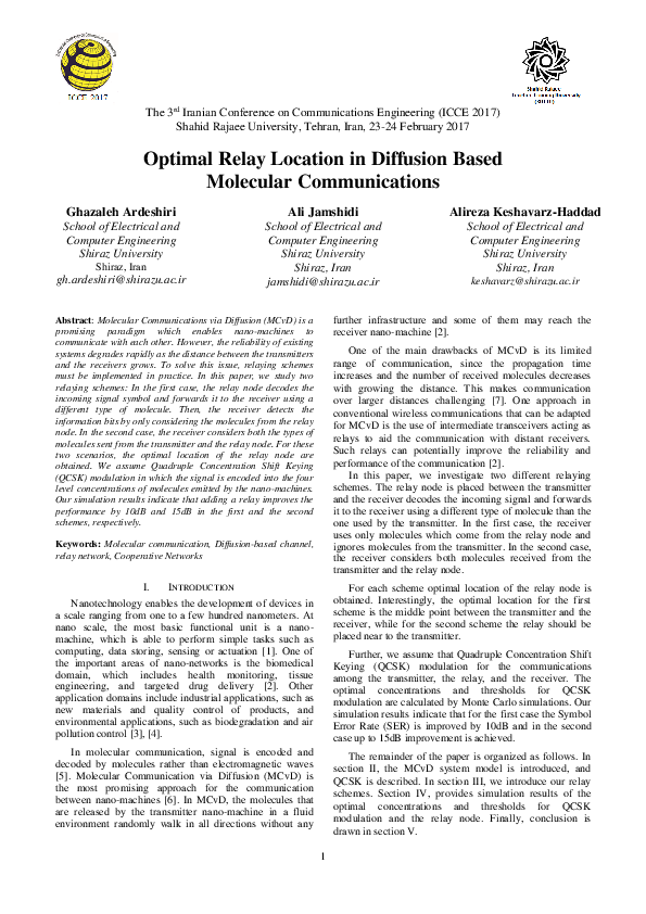 (PDF) Optimal Relay Location in Diffusion Based Molecular Communications