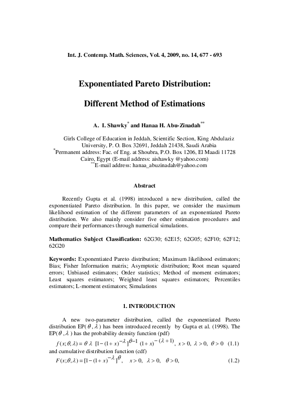 (PDF) Exponentiated Pareto Distribution: Different Method of Estimations