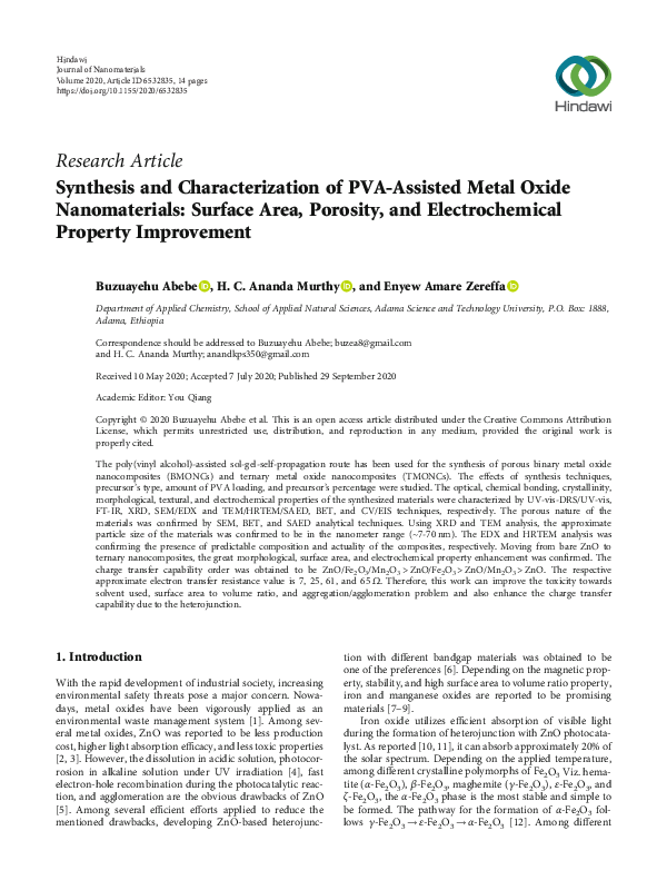 (PDF) Synthesis and Characterization of PVA-Assisted Metal Oxide Nanomaterials: Surface Area ...