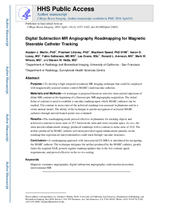 (PDF) Digital subtraction MR angiography roadmapping for magnetic ...