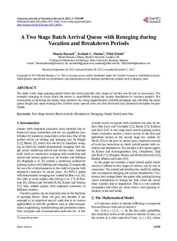 (PDF) A Two Stage Batch Arrival Queue with Reneging during Vacation and ...