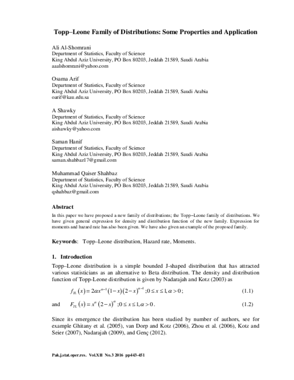 (PDF) Topp–Leone Family of Distributions: Some Properties and Application