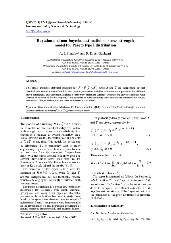 (PDF) Bayesian and non-bayesian estimation of stress–strength model for Pareto type I ...