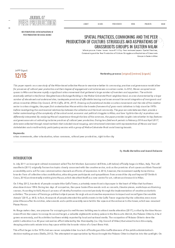 (PDF) Spatial practices, commoning and the peer production of culture: Struggles and aspirations ...