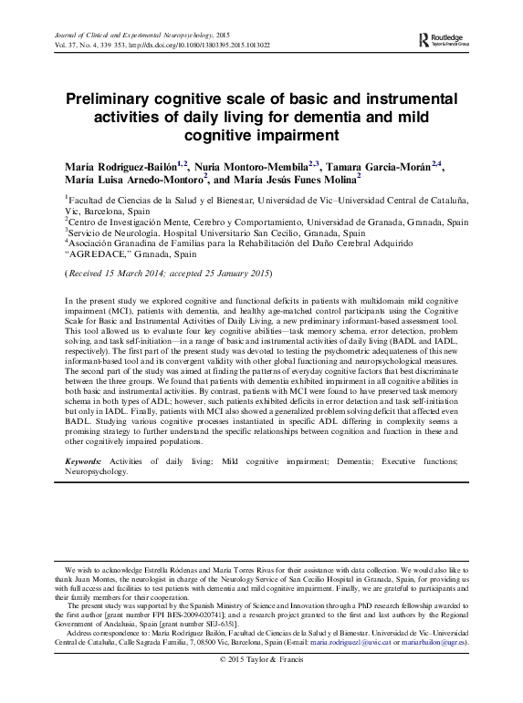(PDF) Preliminary cognitive scale of basic and instrumental activities ...
