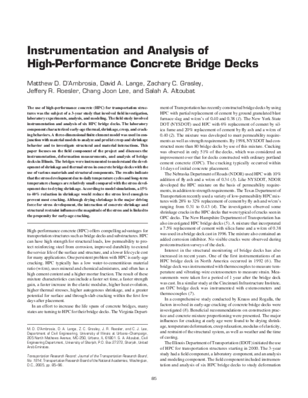 (PDF) Instrumentation and Analysis of High-Performance Concrete Bridge Decks