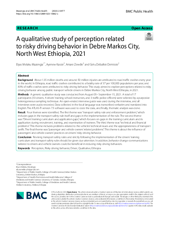 (PDF) A qualitative study of perception related to risky driving behavior in Debre Markos City ...