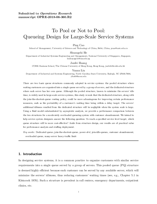 (PDF) To Pool or Not to Pool: Queueing Design for Large-Scale Service Systems