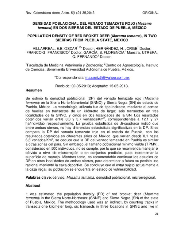 (PDF) Densidad Poblacional Del Venado Temazate Rojo (Mazama Temama) En ...