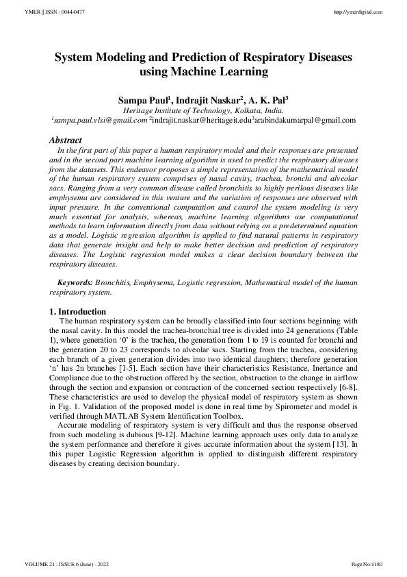 (PDF) System Modeling and Prediction of Respiratory Diseases using Machine Learning
