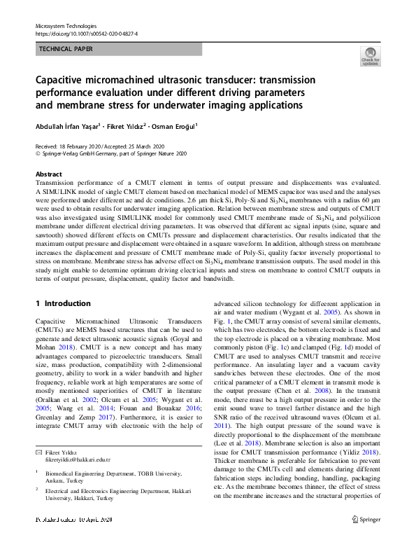 (PDF) Capacitive Micromachined Ultrasonic Transducer Based Gas Sensor Modeling and Simulation