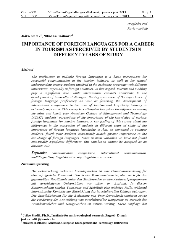 (PDF) IMPORTANCE OF FOREIGN LANGUAGES FOR A CAREER IN TOURISM AS ...