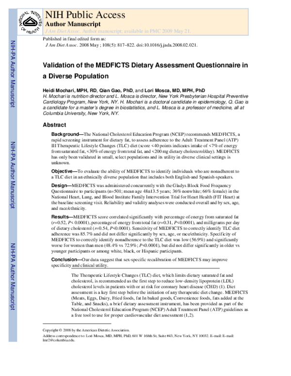 (PDF) Validation of the MEDFICTS Dietary Assessment Questionnaire in a ...