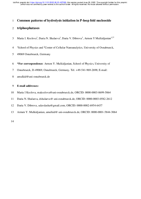 (PDF) Common patterns of hydrolysis initiation in P-loop fold ...