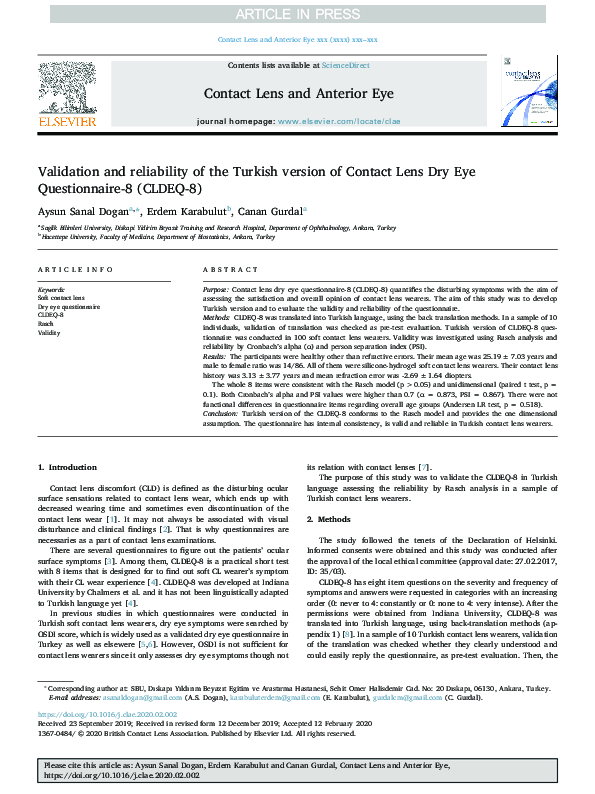 (PDF) Validation and reliability of the Turkish version of Contact Lens ...