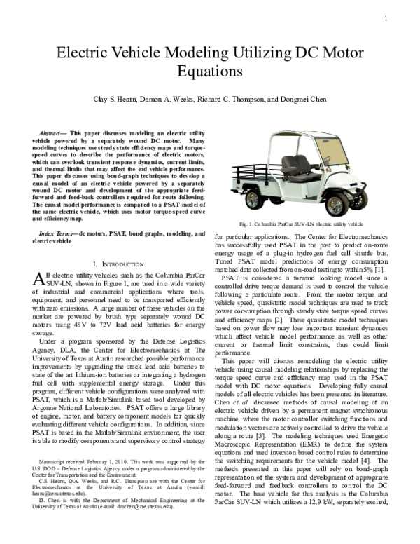 (PDF) Electric vehicle modeling utilizing DC motor equations
